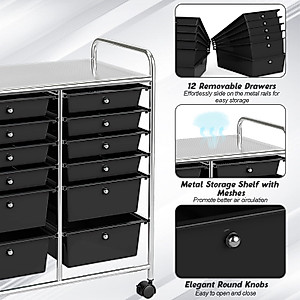 COSTWAY 12-Drawer Rolling Storage Cart, Moveable Art Craft Organizer W/Lockable Wheels, Metal Shelf, Files Arrangement Tools Makeup Storage Cart for Office, Home, School (Black)