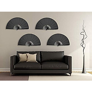 OMyTea Large Rave Folding Hand Fan for Men/Women - Chinese Japanese Kung Fu Tai Chi Handheld Fan with Fabric Case - for EDM, Music Festival, Club, Event, Party, Dance, Performance, Decoration (Black)