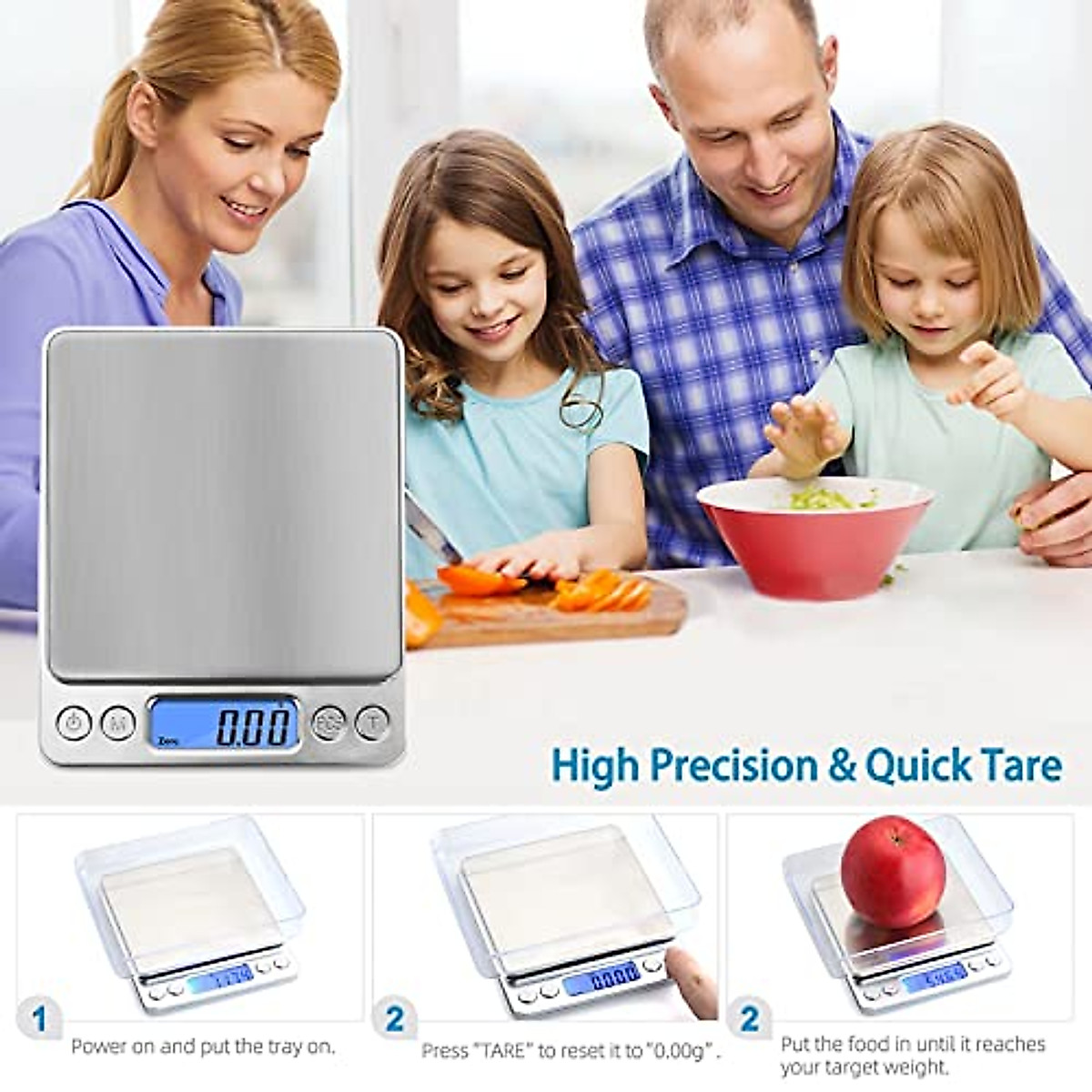 Toprime Digital Gram Scale 500g 0.01g Food Scale High Precision Kitchen Scale Multifunctional Stainless Steel Pocket Scale with Back-Lit LCD Display Tare PCS Features Silver