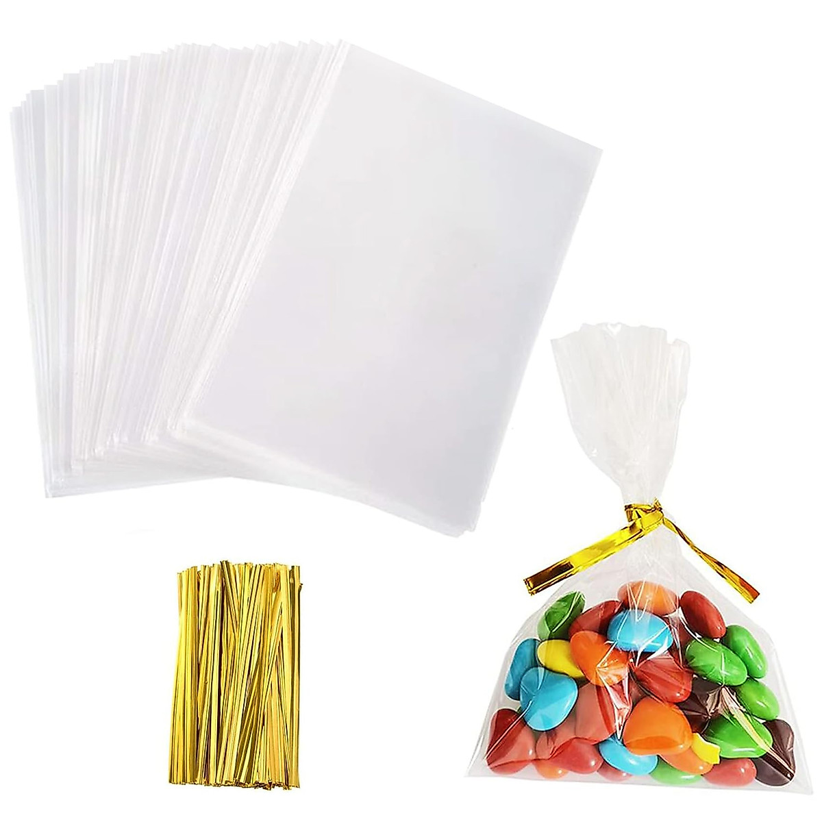 Yotelab Cellophane Treat Bags, 5x7 Inches Cookie Bags With Twist Ties,Clear Cello Treat Bags for Candy,100 Pcs Party Favor Bags