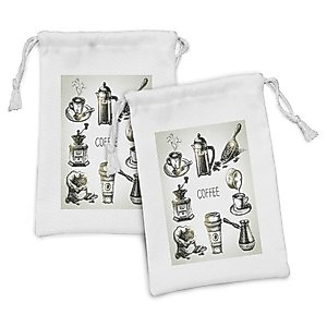 Ambesonne Coffee Fabric Pouch Set of 2, Brewing Equipment Doodle Sketch Grinder French Press Plastic Cup Scoop Vintage, Small Drawstring Bag for Toiletries Masks and Favors, 9" x 6", Black Yellow