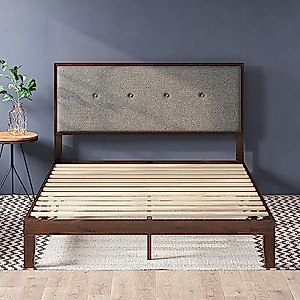 ZINUS Moiz Wood Platform Bed Frame with Adjustable Upholstered Headboard / Solid Wood Bed / Wood Slat Support / No Box Spring Needed / Easy Assembly, Queen