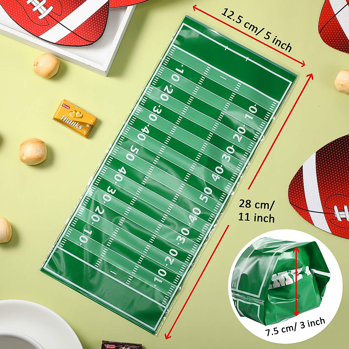 100 Pieces Football Field Plastic Cellophane Treat Bags Wide Bottom Heat Sealable Candy Bags Football Gift Bags with 100 Pieces Silver Twist Ties for Football Party Favor, 11 x 5 x 3 Inch