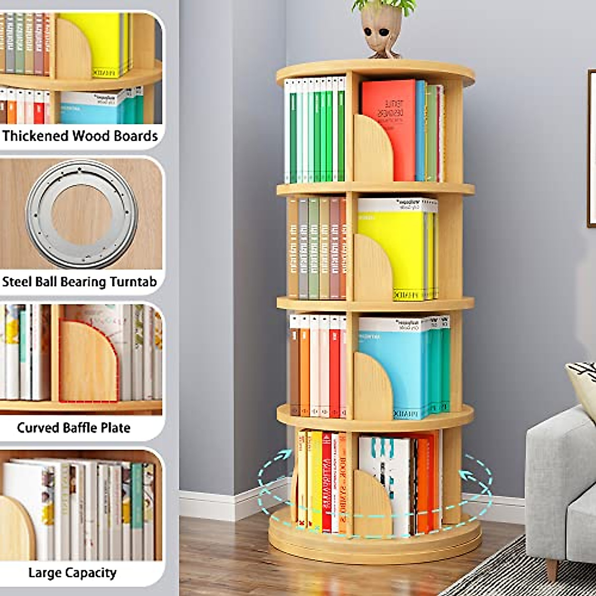 Rotating Bookshelf, 4 Tier 360° Revolving Bookcase Corner PVC Wood Plastic Board Swivel Bookcase,Stackable Bookshelf Organizer,Display Cabinet for Office Home Living Room Study(51“x18.1”x18.1“)
