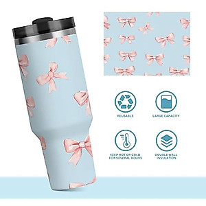 Flradish 30oz Tumbler with Handle, Pink Bows Stainless Steel Tumbler with Lid and Straws Double Wall Vacuum Insulated Leakproof Coffee Travel Mug