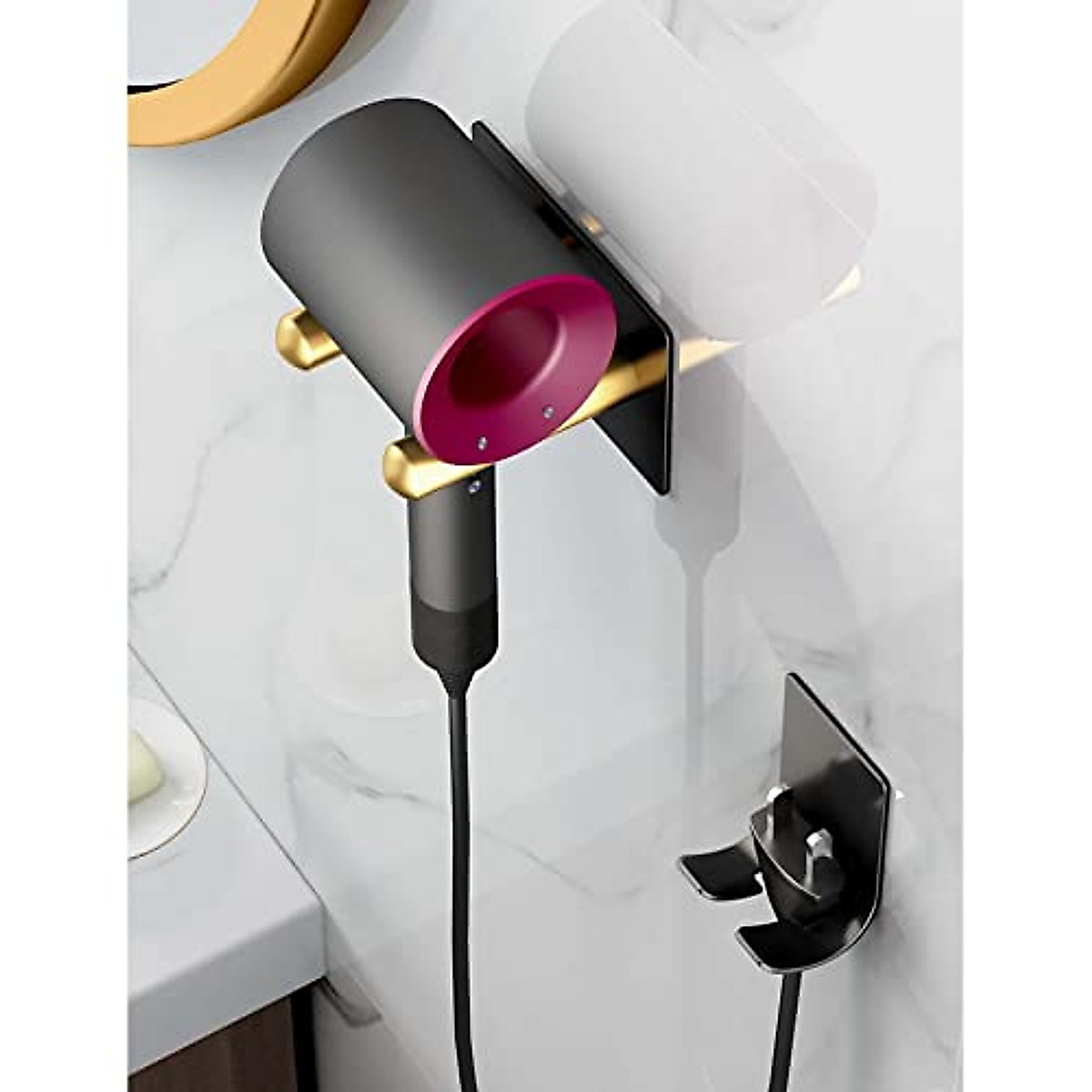 LUYU Nail-Free Glue Adhesive Hair Dryer Holder Wall Mounted - Adhesive Bathroom Hair Blow Dryer Rack Organizer Compatible with Dyson Supersonic Hair Dryers ( Black &Gold)