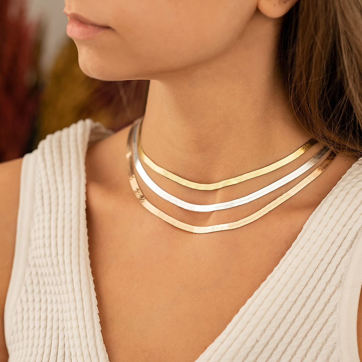 DKMN GÜMÜŞ Snake Layered Chain - Herringbone Chain Necklace - Italian Reversible Chain - Snake Chain Choker - Chain Necklace For Women - 925 Sterling Silver Chain Necklace (18K Gold, 20 Inches)