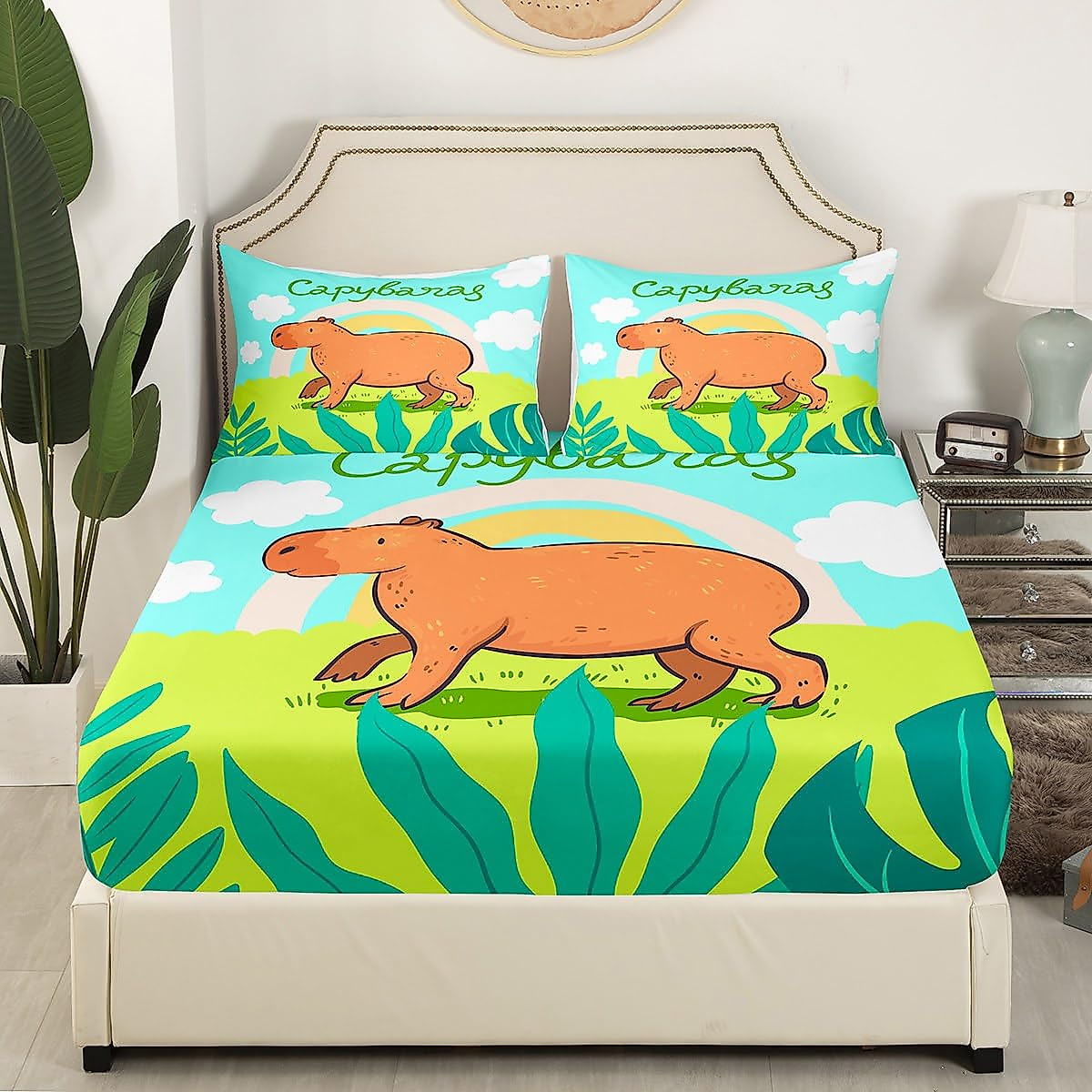Erosebridal Cute Capybara Bed Sheets Set Full Size Rainbow Sheet Set 4 Piece Kawaii Rodent Animals Capybaras Fitted Sheet Green Palm Leaves Print Flat Sheet Funny Capybaras Sheets