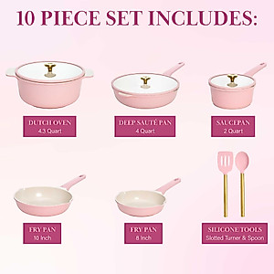 Paris Hilton Ceramic Nonstick Cookware Set, Cast Aluminum with Dual Layer Nonstick Coating, Gold Heart Knobs, Stay-Cool Handles, Made without PFAS, PFOA, PFOS & PTFE, Dishwasher Safe, 10-Piece, Pink