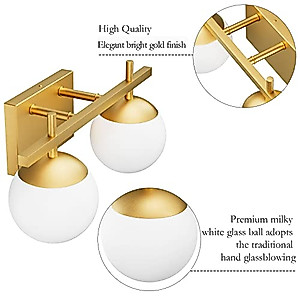 Ralbay Mid Century Modern Gold Vanity Light 2-Light Mid Century Modern Bathroom Light Fixture Gold Milky Glass Ball Bathroom Wall Light Fixtures