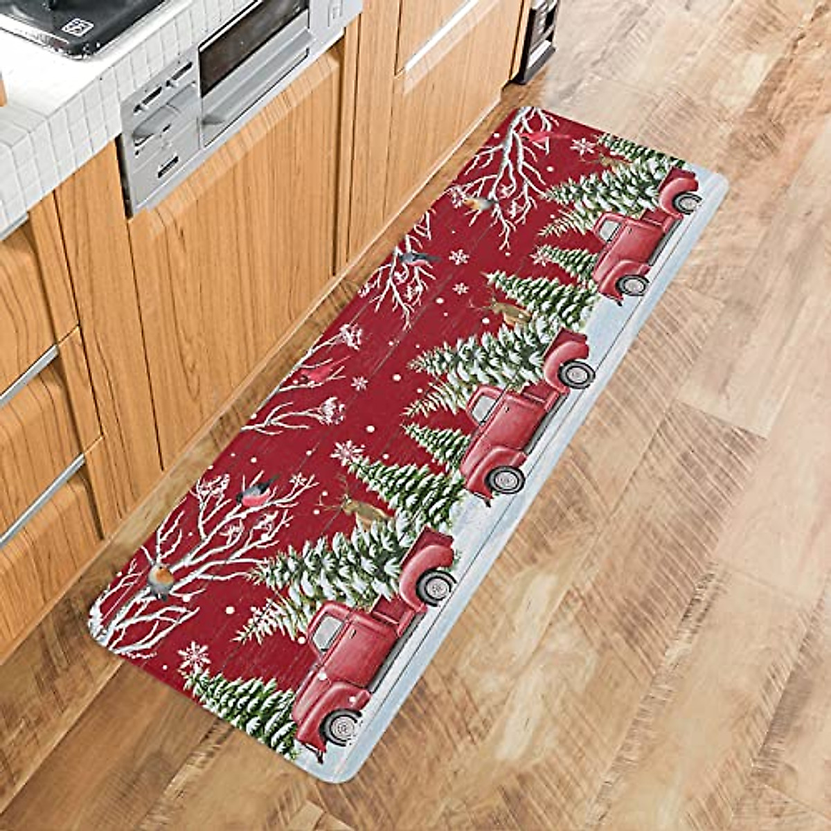 Libaoge Kitchen Mat Rug 1 PCS Christmas Truck Xmas Tree Snow Red Background Runner Rug Anti-Fatigue Comfort Memory Foam Standing Mat Non-Slip Floor Door Mat for Bathroom Bedroom 20x63in