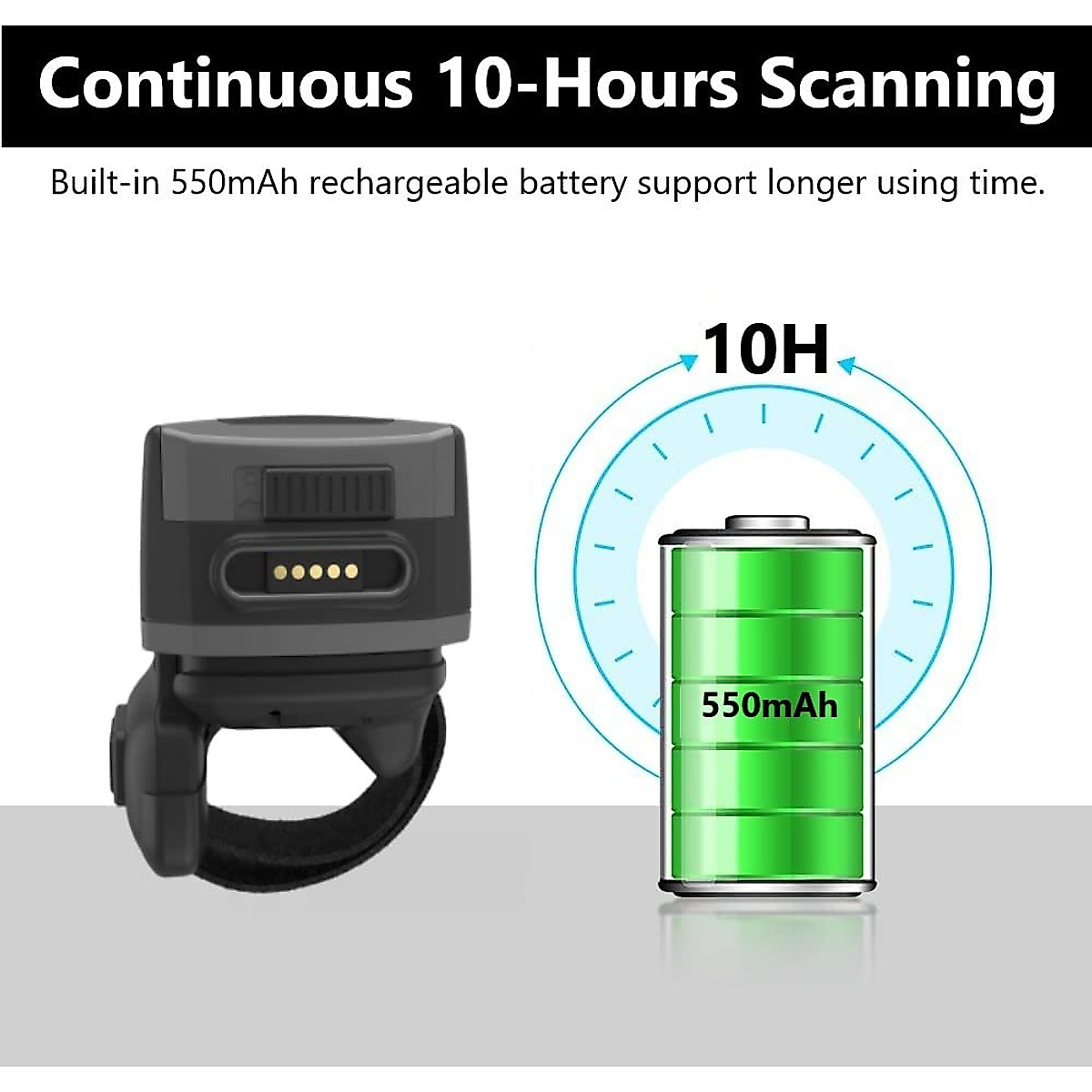 Posunitech 1D 2D Wireless Bluetooth Mini Ring Barcode Scanner IP65 EF02 Zebra SE4107 with TPU+PC & 550mAh Battery Replaceable & Battery Charger for IOS Android