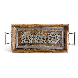 GG 30" Wood Tray with Metal Other Decor, 29.2InL x 11.8InW x 3InH, Light Brown