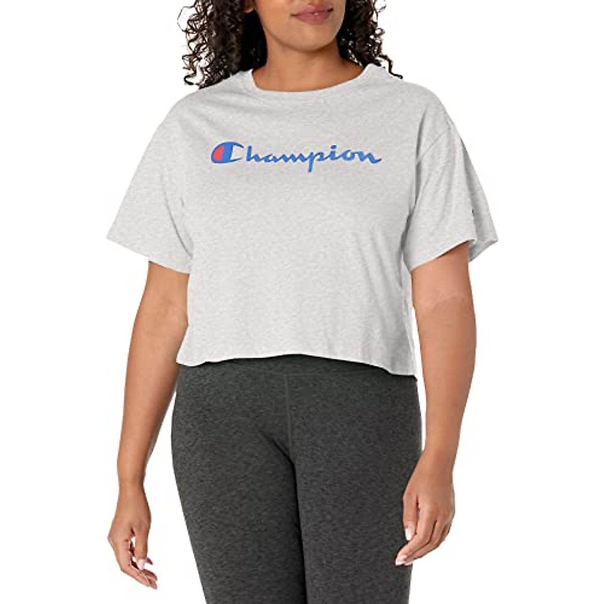 Champion womens Cropped Tee, Script Logo T Shirt, Oxford Gray-550757, Small US