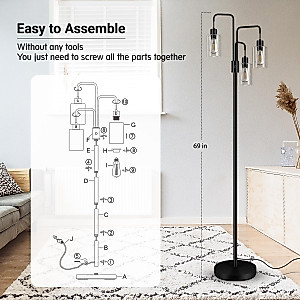 BoostArea Industrial Floor Lamp for Living Room,Glass Lampshade,Modern Stand Up Lamp with 3 Light,Simple Design Floor Lamp for Bedroom, Living Room, Office, Kids Room, Reading