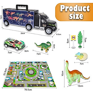 YIMORE Dinosaur Truck Toy Car Transporter Carrier Set Include Dinosaur Figures & Egg Mini Racing Car with Play Mat, Road Signs for Children 37PCS