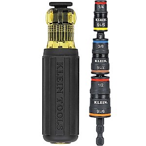 Klein Tools 32910 Impact Driver, 7-in-1 SAE Impact Socket Set with Handle, Flip Socket with 6 Hex Driver Sizes plus a 1/4-Inch Bit Holder