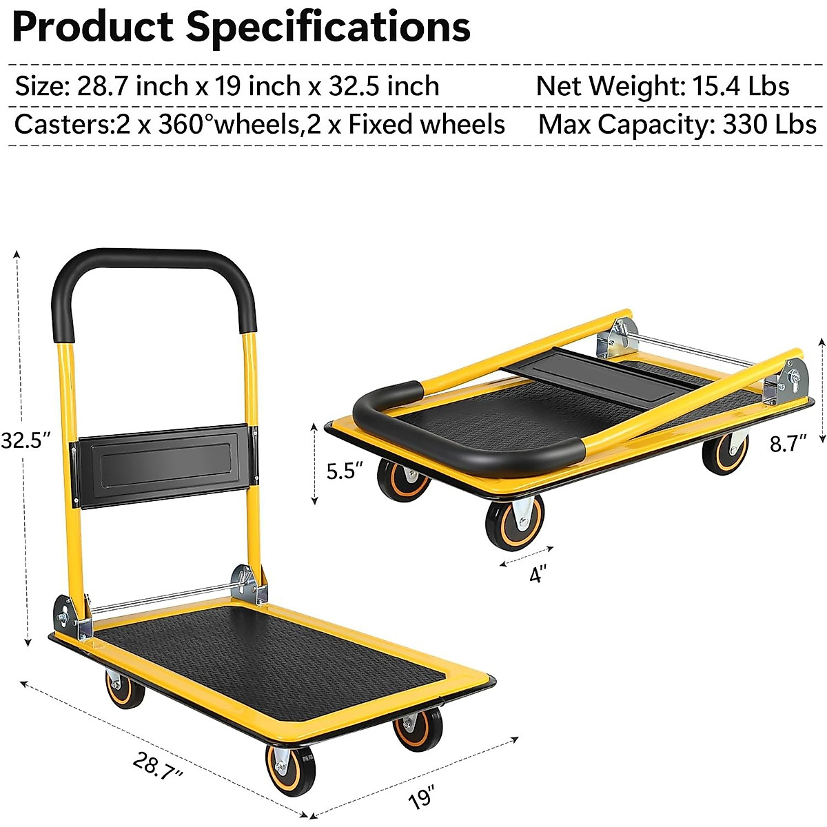 Platform Truck Platform Truck Load 330lb Folding Push Cart with 360 °Swivel Wheels Flat Handtruck Metal Moving Dolly Cart Heavy Flatbed Cart Reliable