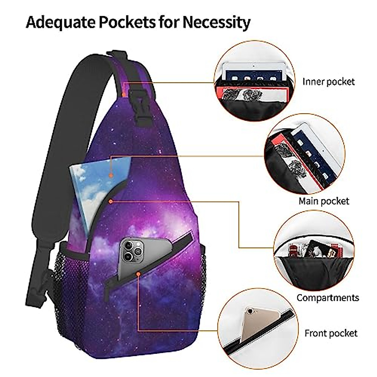 UNIOND Purple&Blue Galaxy Printed Sling Bag Adjustable Cross Chest Bag Shoulder Backpack for Outdoor Travel