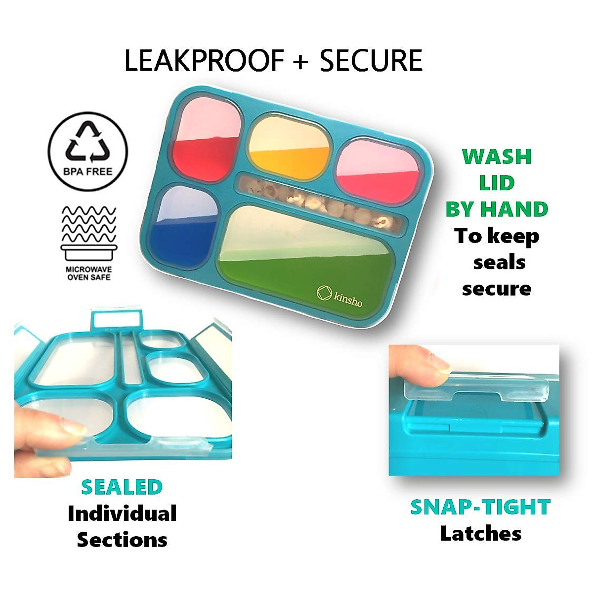 kinsho Bento Lunch-Box for Adults Kids Lunches, Portion Control Container Boxes for Women Girls Boys | Leak-proof Snack Containers, BPA-Free Utensils | Blue, Green, 5 Compartments