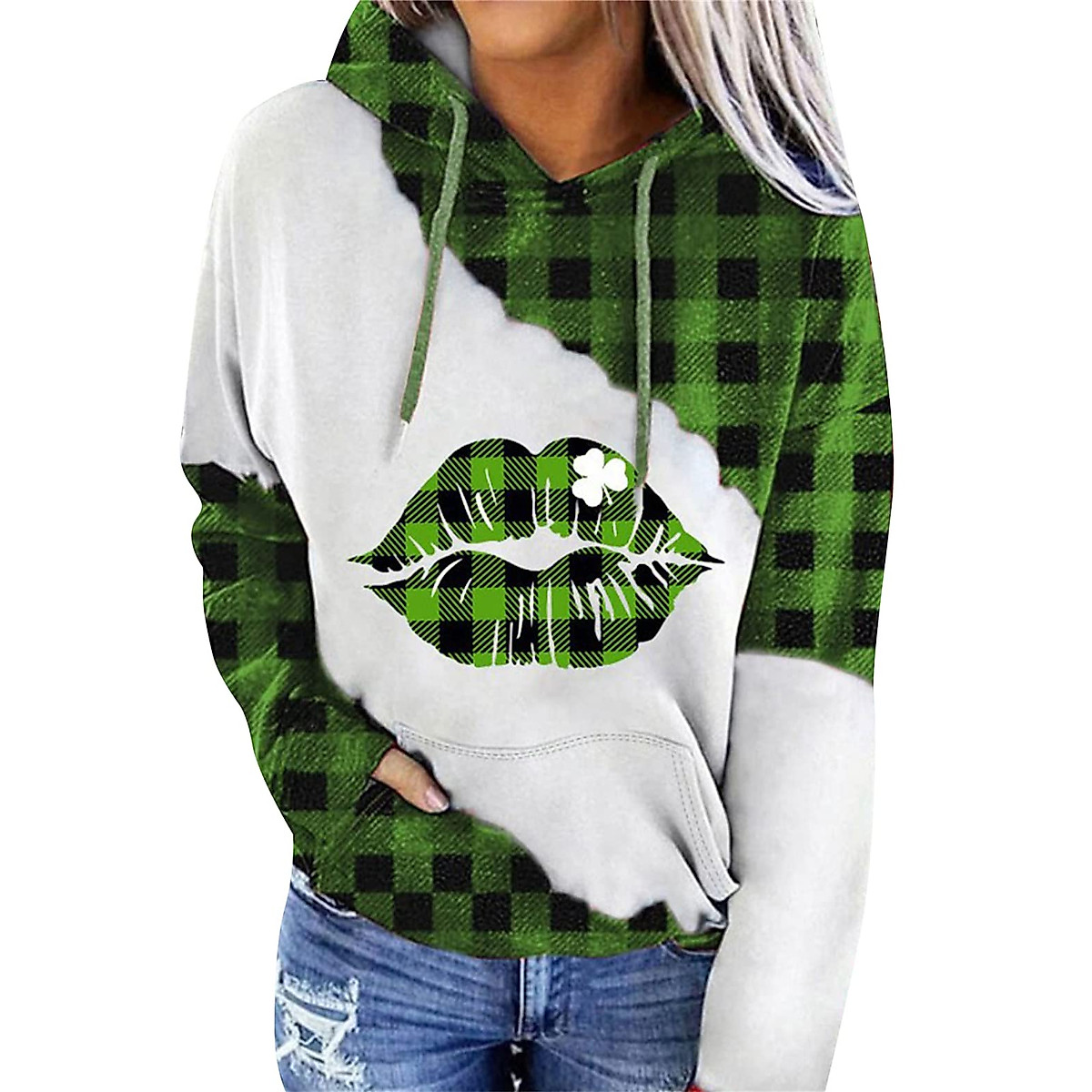 YMING Womens Saint Patricks Day Long Sleeve Shirts Casual Shamrock Hoodie Crewneck Sweatshirt Lips XL