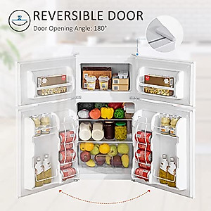 HOMCOM Double Door Mini Fridge with Freezer, 3.2 Cu.Ft Compact Refrigerator with Adjustable Shelf, Adjustable Thermostat and Reversible Door for Bedroom, Dorm, Home Office, White