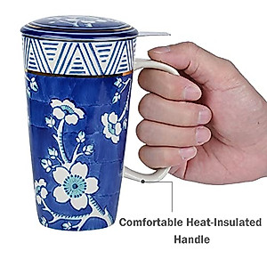 Taimei Teatime Ceramic Tea Cup with Infuser and Lid, 17 oz Tea Infuser Mug for Steeping Loose Leaf Tea with Handpainted Floral Pattern, Tea Mug with Infuser Basket, Women Office Home Gift