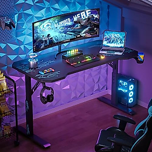 Shahoo Gaming Desk with Full Mouse Pad, Manual Adjustable Height Computer Table with Headphone Hook and Cup Holder, Black, 55 Inch