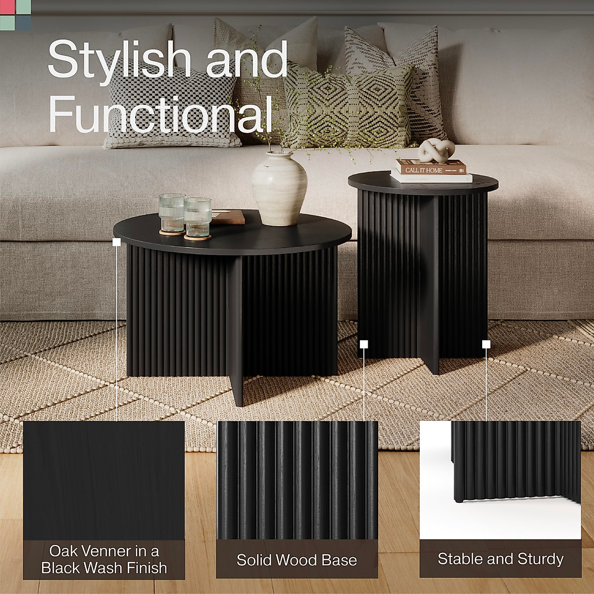 Round Fluted Nesting Coffee Table - 2 Piece Coffee Table Set - Living Room Furniture - Modern Home Decor - Solid Wood Base and Wood Grain Veneer Top (Blackened Oak)