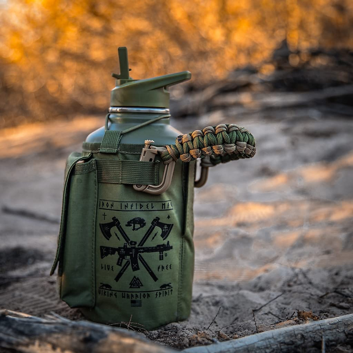 Iron Infidel Battle Bottle Straw Lid & Cleaner Brush Kit - 64 Oz Water Bottle Lid Replacement with Straw, Wide Mouth Lid, and Long Handle Water Bottle Cleaning Scrub Brush Tool (Green/Tan)