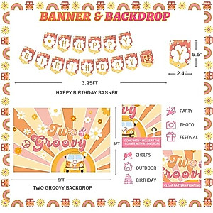 122 PCs Two Groovy Party Decorations, Fiesec Two Groovy Boho Daisy Hippie Second Birthday Party Backdrop Balloon Garland Banner Tablecloth Cake Cupcake Topper Crown Poster