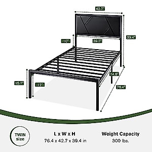 MUTICOR Twin Size Bed Frame with Geometric Leather Headboard, Heavy Duty Metal Platform Bed with Strong Metal Support, Ample Underbed Storage, No Box Spring Needed, Easy Assembly, Noise Free