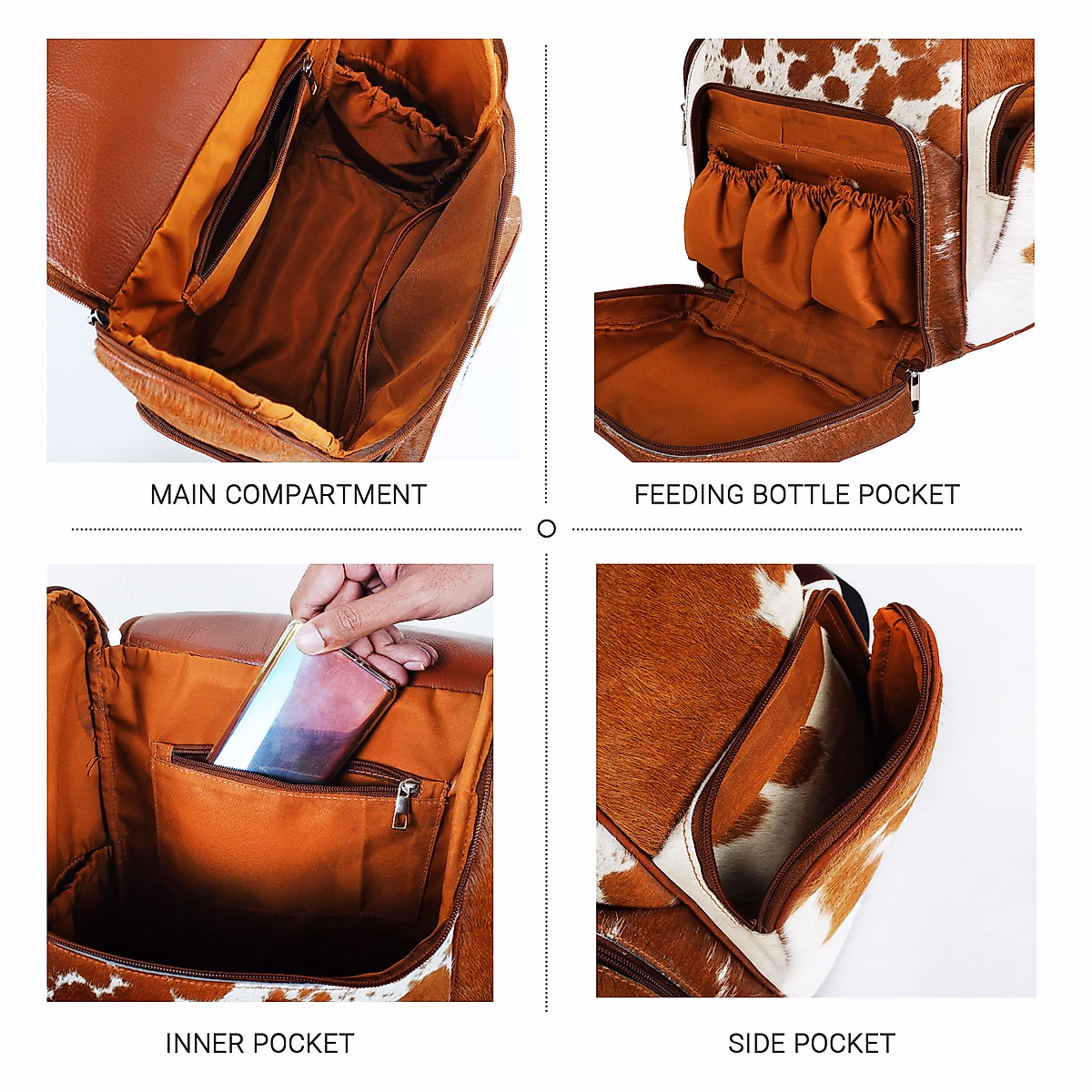 LP-FACON Western Cowhide Print Leather Diaper Backpack | Cute Shower Gifts For Mom | Large Travel Bag Brown & White