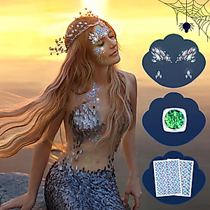 Jutom 21 Pcs Halloween Mermaid Costume for Women Make up Kit 4 Sheets Mermaid Scale Temporary Tattoos Stickers 9 Sets Body Face Jewels 8 Bottles Holographic Face Gems Glitter for Festival Rave Party