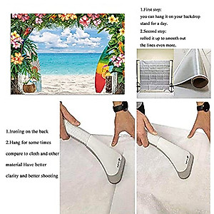 Summer Hawaiian Beach Backdrop Tropical Flowers Luau Photography Background Surfboard Blue Sky Ocean Palm Leaves Aloha Party Decorations Large Tiki Birthday Photo Booth Props