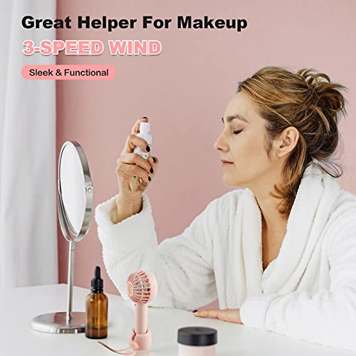 Mini Handheld Fan, Mini Portable Fan with 3 Speeds, USB Charging Personal Small Desk Fan with Base Ladies Mini Makeup Fan，Mini Fan Battery Operate for Girl Women Men Outdoor, Indoor,Travel (pink)