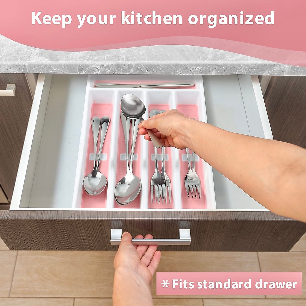 Joequality Silverware Organizer with Icons，Plastic Cutlery silverware Tray for Drawer，Utensil Flatware Tableware Organizer for Kitchen with Non-slip TPR,Fits Standard Drawer,5-Compartment,Pink