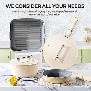 Pots and Pans Set with Removable Handle - 12 Pcs Nonstick Ceramic Cookware Set with Lids, Non Toxic Cookware Set, RV Cookware Set,Camping Cookingset, PTFE & PFOA Free,Oven Safe,Space Saving-Cream