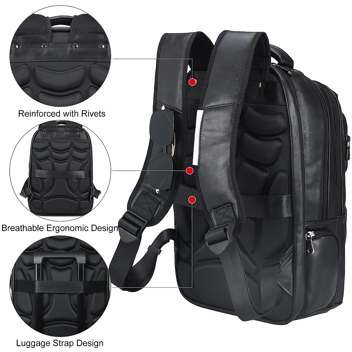 Masa Kawa Full Grain Leather 15.6 Inch Laptop Backpack for Men Black Large Business Travel Rucksack Bag Overnight Daypack