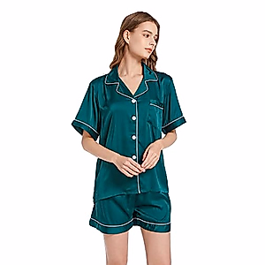 Mergorte Womens Silk Satin Short Sleeve Button-Down Sleepwear Loungewear Pajamas Set DarkGreen M