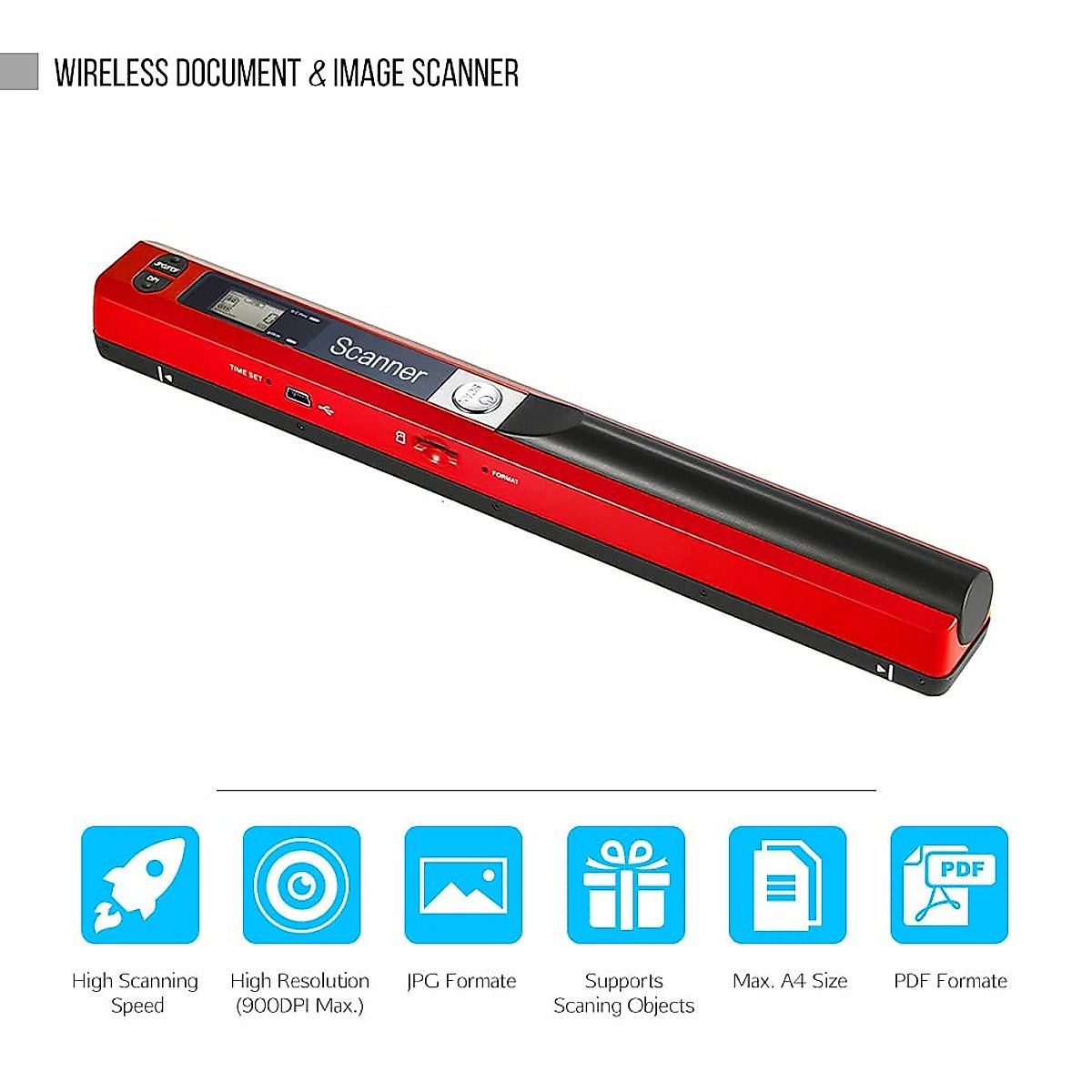 HUIOP Document Scanner,Portable Handheld Wand Wireless Scanner A4 Size 900DPI JPG/PDF Formate LCD Display with Protecting Bag and 8GB TF Card for Business Document Reciepts Books Images