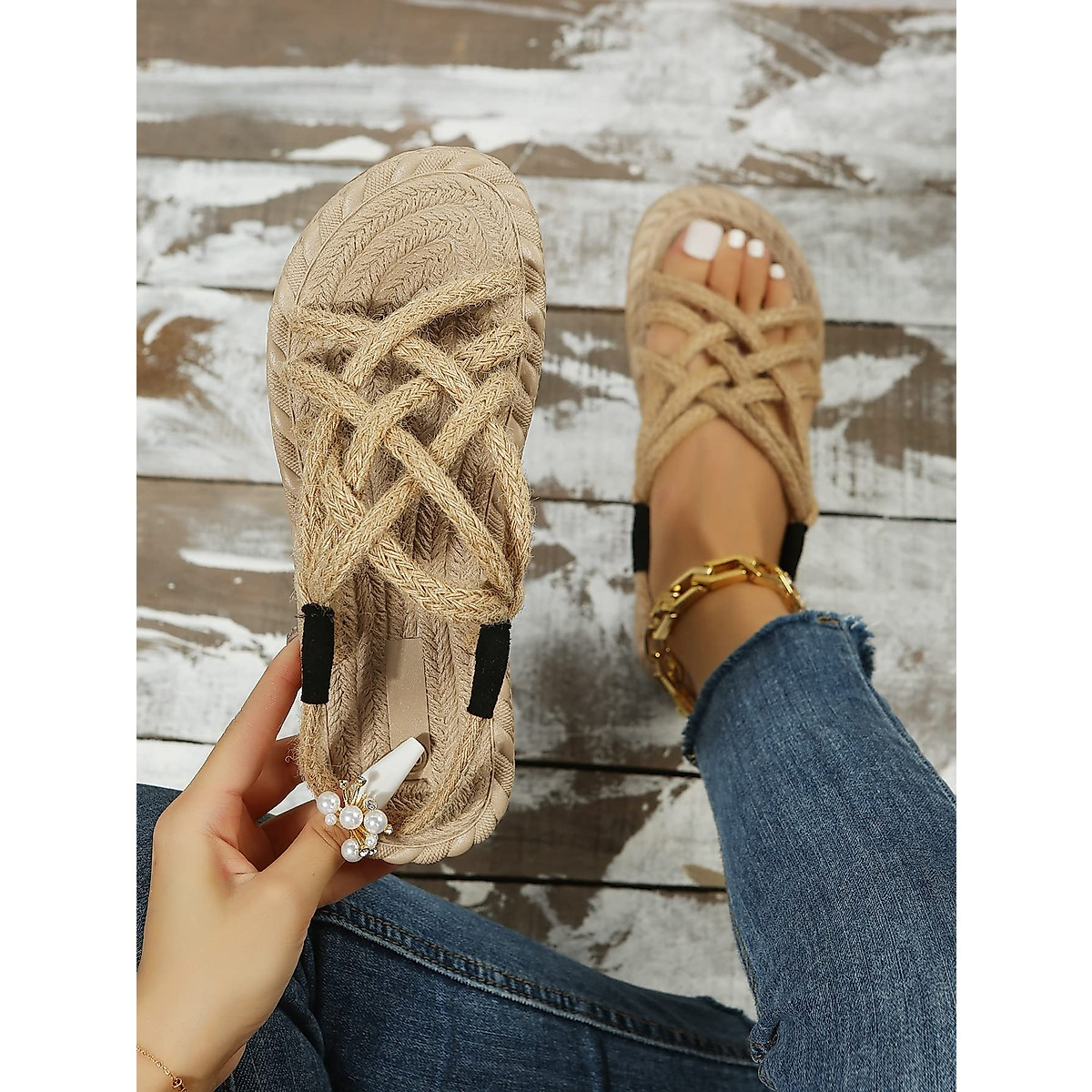 GORGLITTER Women's Criss Cross Strap Sandals Slingback Summer Beach Straw Flats Khaki CN41