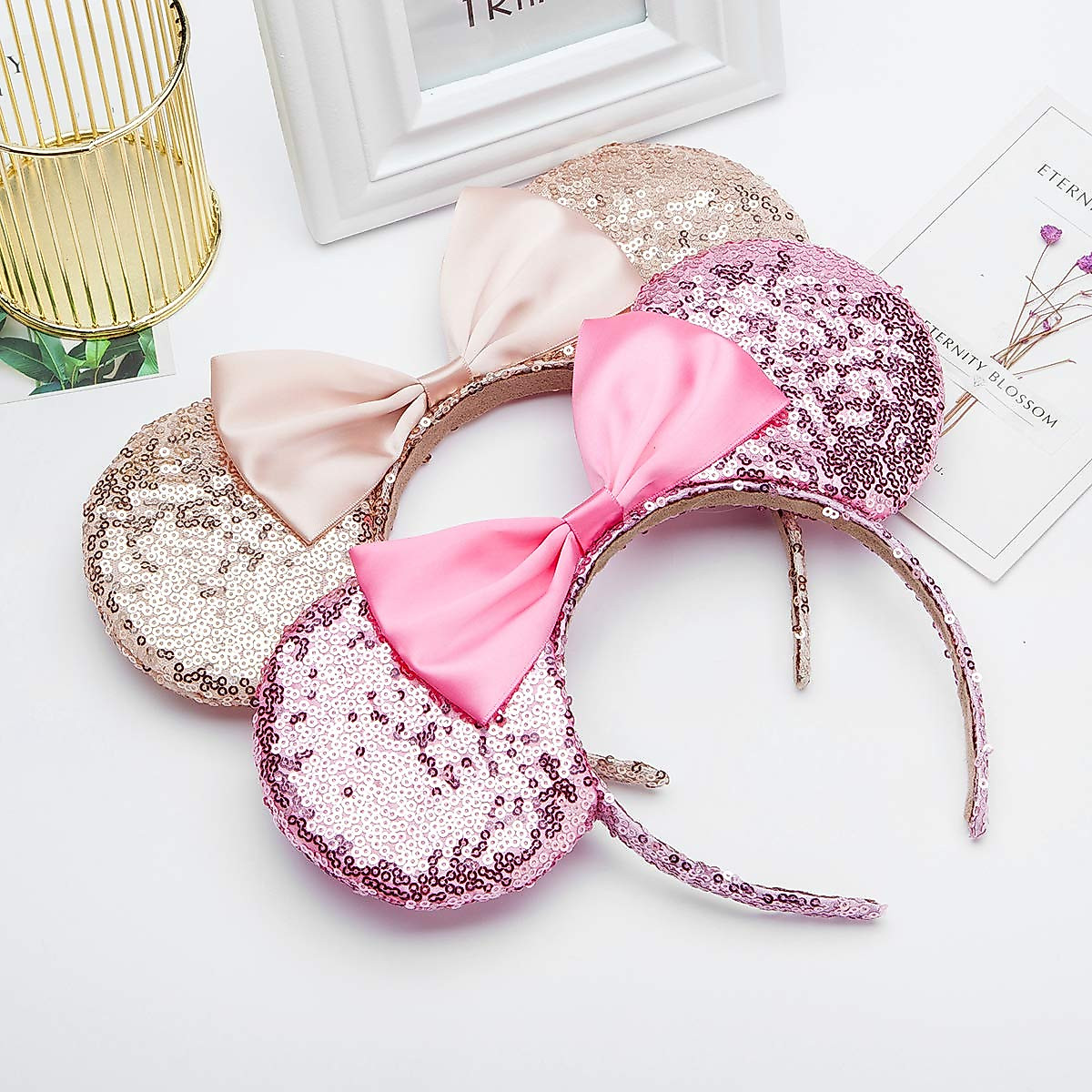 Seamoy Mouse Ears headband,2pcs Sequin Halloween Minnie Ears Headband Glitter Hairband for Princess Party Cosplay Costume Headwear Minnie&Mickey Themed Party Decorations (Gold&Pink)