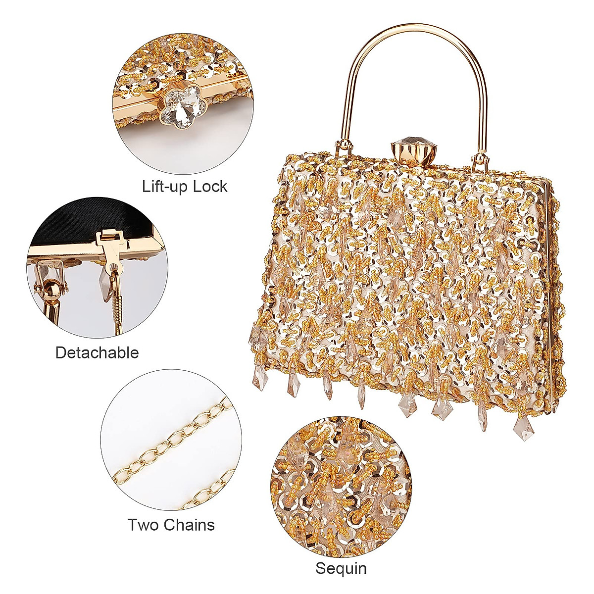 UBORSE Women Wedding Clutch Rhinestone Bling Sequin Evening Bags Vintage Crystal Beaded Cocktail Party Party Purse (Gold762)