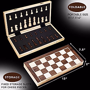 AMEROUS 15 Inches Magnetic Wooden Chess Set - 2 Extra Queens - Folding Board, Handmade Portable Travel Chess Board Game Sets with Game Pieces Storage Slots - Beginner Chess Set for Kids, Adults