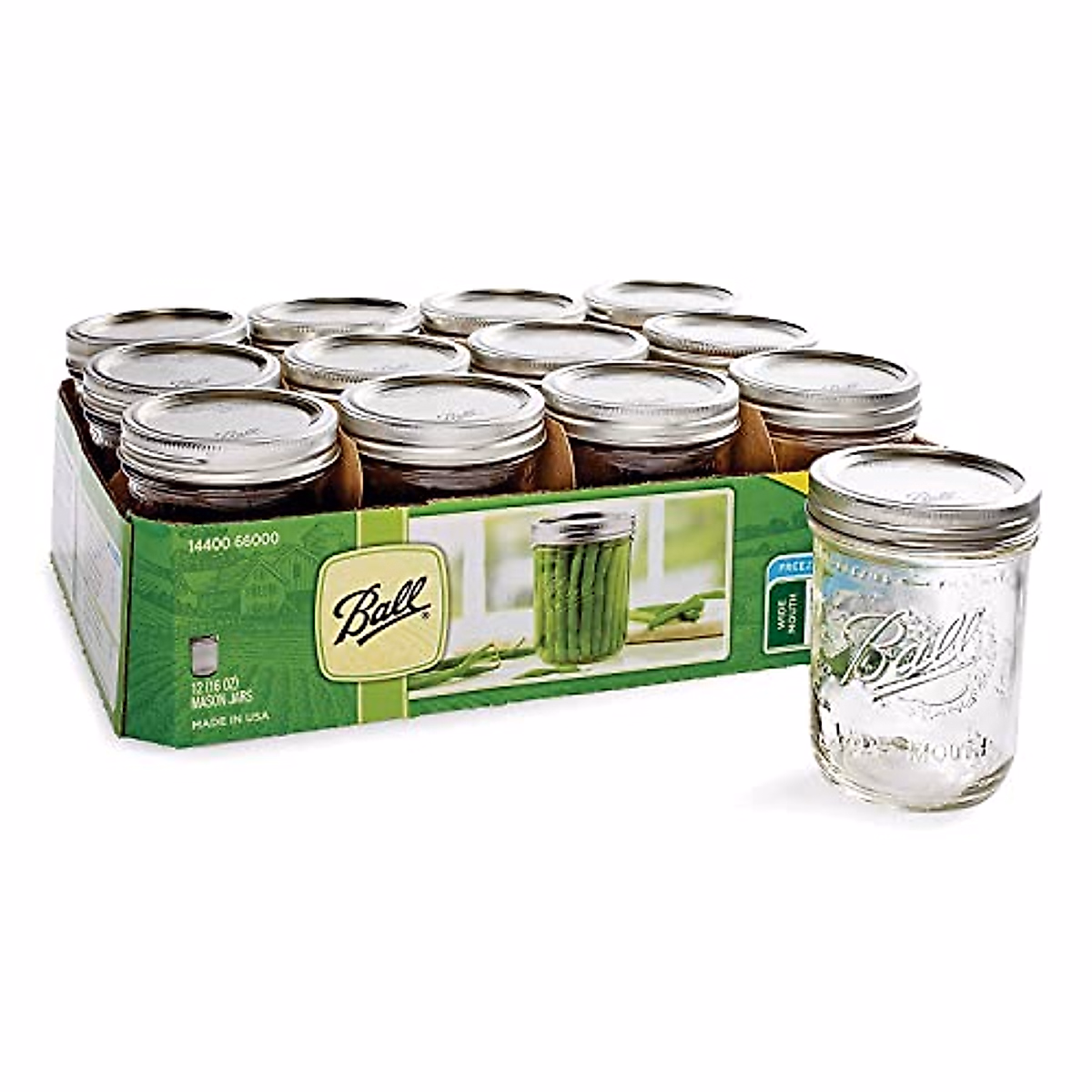 Ball Wide Mouth Pint 16-Ounce Glass Mason Jar with Lids and Bands, 12-Count