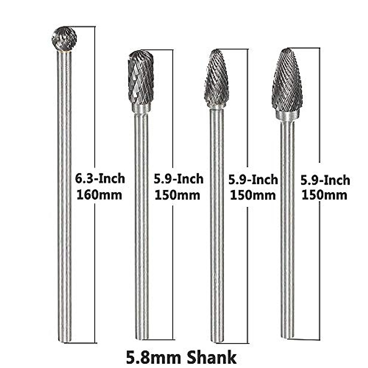 Yakamoz Set of 4Pcs 5.9-Inch Long Tungsten Steel Solid Carbide Rotary Burrs Set with 6mm Shank Fits Rotary Tool for Woodworking Drilling Carving Engraving