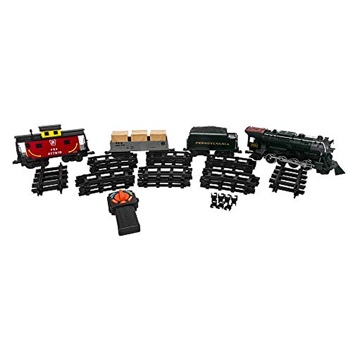 Lionel Battery-Operated Pennsylvania Flyer Freight Toy Train Set with Locomotive, Train Cars, Track & Remote with Authentic Train Sounds, & Lights for Kids 4+