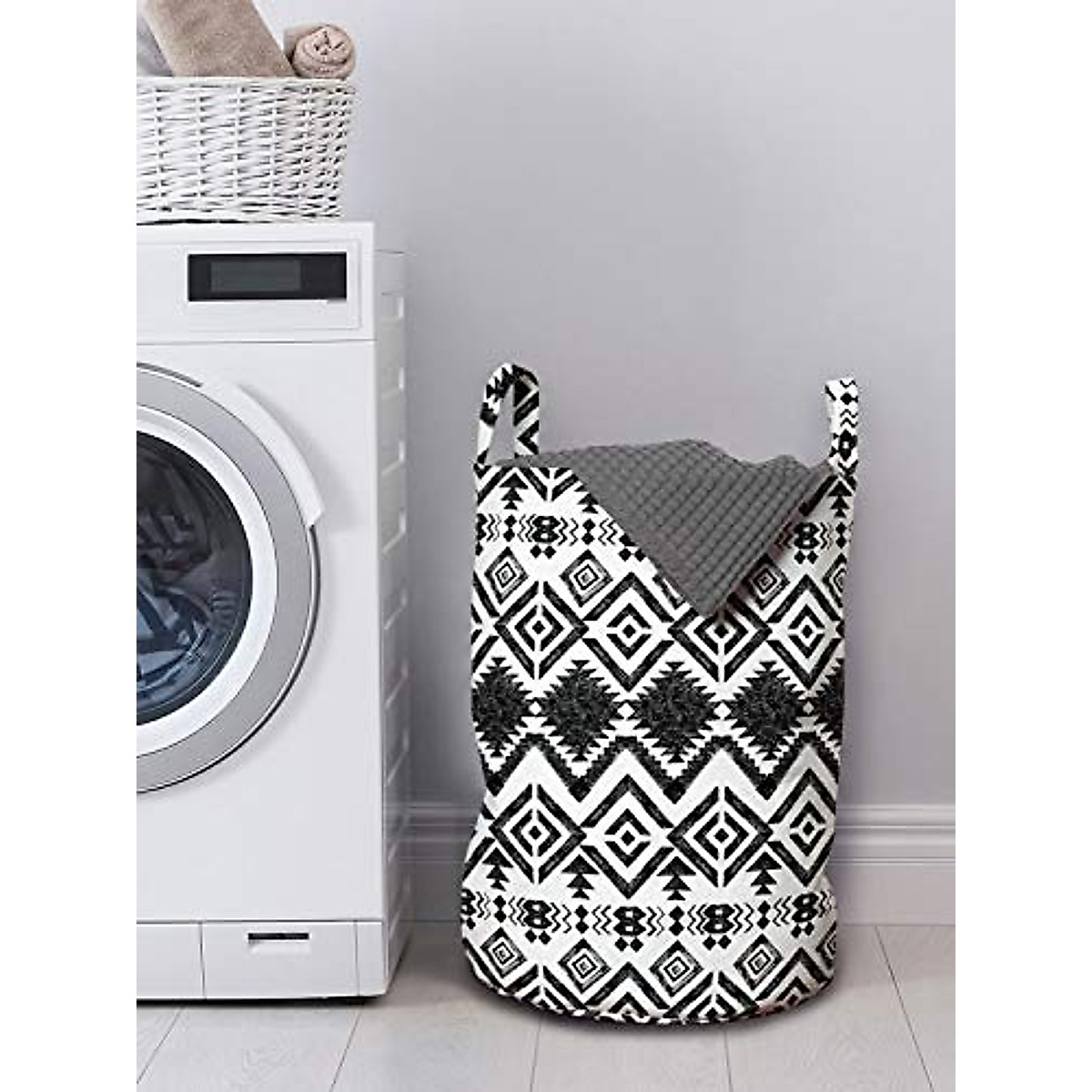 Lunarable Tribal Laundry Bag, Hand Drawn Style Tribal Pattern Geometric and Oranmental Aztec Design Print, Hamper Basket with Handles Drawstring Closure for Laundromats, 13" x 19", Black and White