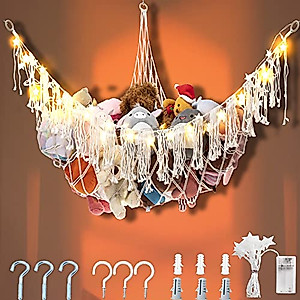 SZBAMI Stuffed Animal Net or Hammock with Light, Hanging Corner Net Toy Hammock for Stuffed Animals with Hooks, Hanging Net Toy Storage Organizer Animal Net for Bedroom Playroom Kindergarten -Large